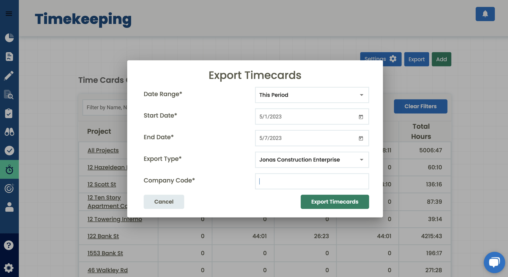 How do I export timecards to Jonas Construction Enterprise?
